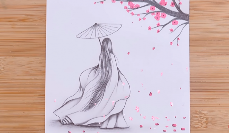 How to draw a girl under cherry blossom tree || Easy to Draw Japanese ...