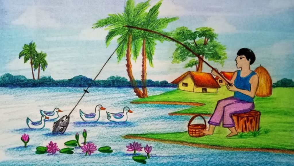 Easy to draw fisherman and landscape | How to draw fisherman and ...