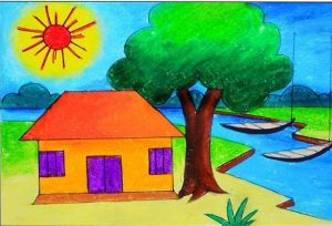 How To Draw a Village Scenery easy country | Simple landscape drawing ...