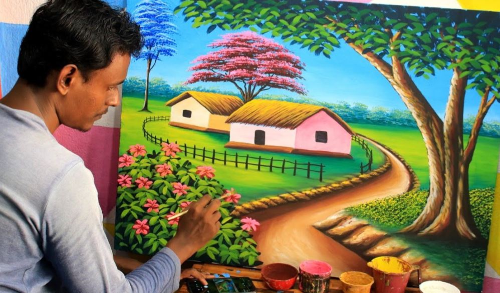 How to draw a picture of nature scene simple | Drawing village scenery ...