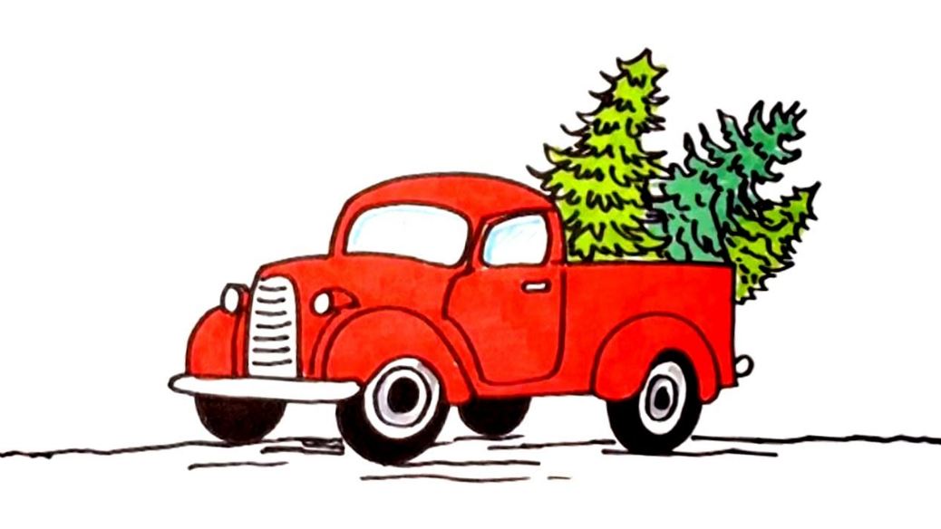 How to draw a truck carrying a Christmas tree step by step - HTFunny.com